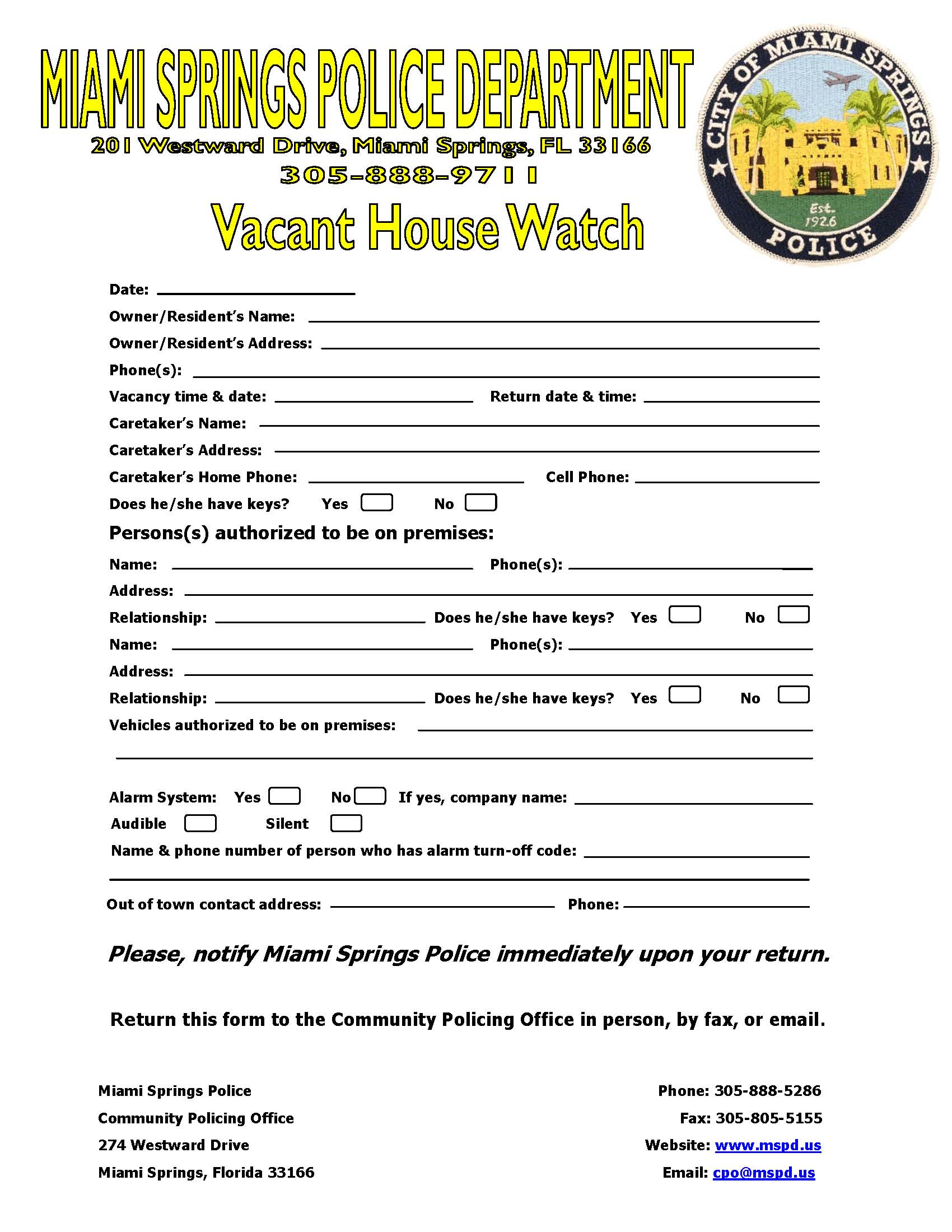 Vacant House Watch Form | Miami Springs FL